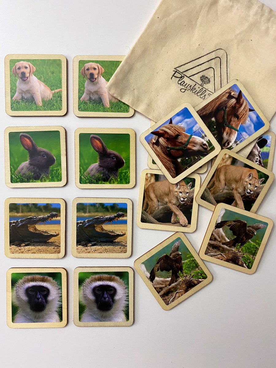 Montessori Wooden Animals Match & Memory Game - 16 Piece Set ...