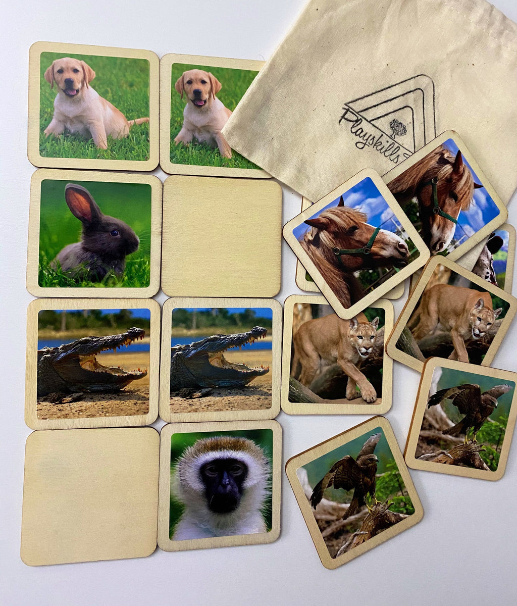 Montessori Wooden Animals Match & Memory Game - 16 Piece Set ...